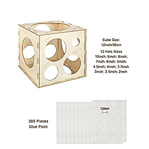 Auihiay 12 Holes Wood Balloon Sizer Cube Box with 200 PCS Balloon Glue Points, Collapsible Balloon Size Measuring Tool for Balloon Garland Balloon Columns Balloon Arches Decorations (2-10 INCH)