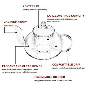 Glass Teapot Set, 40OZ/1200ml Stovetop Safe Glass Tea Kettle with Removable Infuser & Tea Warmer, Tea Cups and Saucers Set of 4, Blooming Tea & Loose Leaf Tea Maker Set for Women