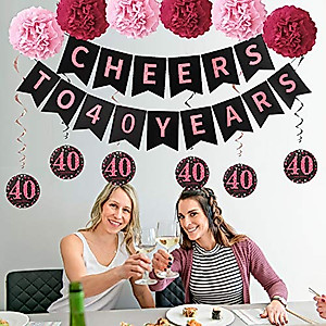 Rose Gold 40th Birthday Party Decorations Kit for Women - Cheers to 40 Years Banner, 6Pcs Celebration 40 Hanging Swirls, 6Pcs Pom Poms - 40 Years Old Party Supplies 40th Anniversary Decorations