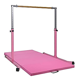 Pro-Gymnastics Expandable Kip Bar Adjustable Height for Gymnastics 3 to 5 FT Gymnastics Bar, with 6 FT x 4 FT Tumble Mat, Horizontal Junior Training Bar Cushioned Bar & Curved Legs (Pink)