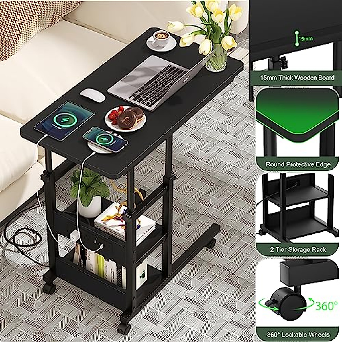 Height Adjustable C Shaped End Table with Charging Station, Mobile Laptop Side Table with USB Port and Wheels, Sofa Couch Table with 2-Tier Storage Shelve for Living Room Bedroom, Black