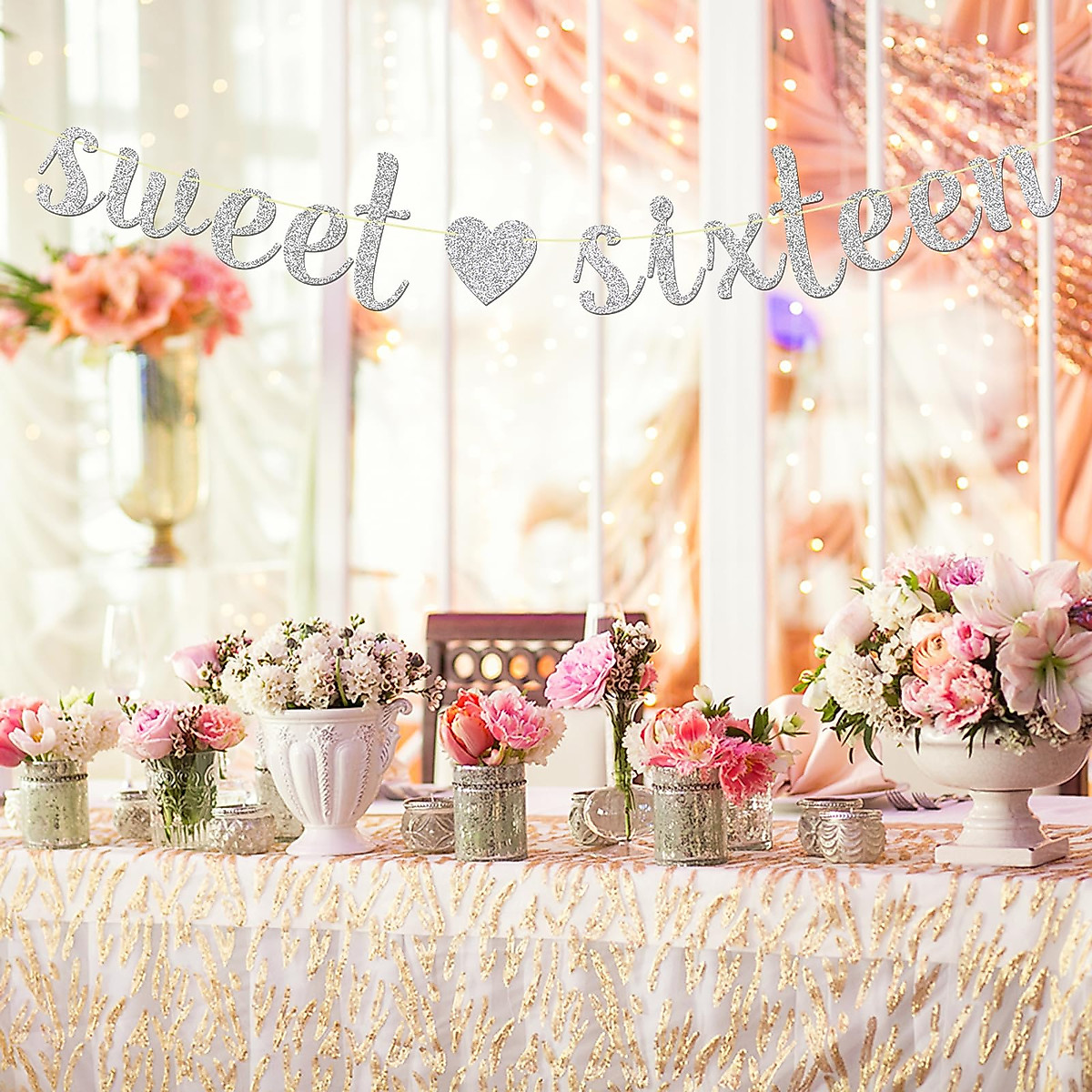 Silver Glitter Sweet Sixteen Banner - Happy 16th Birthday Banner - 16th Birthday Party Decorations for Girls - Sixteen Years Old Decorations