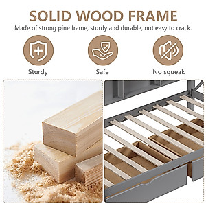 HUMEHA Twin House Bed with Roof and 2 Storage Drawers for Kids, Wooden Twin Size Bed Frame with Storage Shelves Guardrails and Wood Slats for Boys Girls, No Box Sping Required, Gray