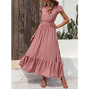 PRETTYGARDEN Womens Summer Flowy Boho Maxi Dress Short Sleeve Swiss Dot Long Dress V Neck Smocked Waist Beach Party Sundress (Pink, Large)