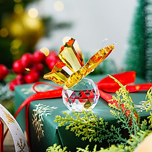 H&D Crystal Flying Butterfly with Crystal Ball Base Figurine Collection Cut Glass Ornament Statue Animal Collectible (Yellow)