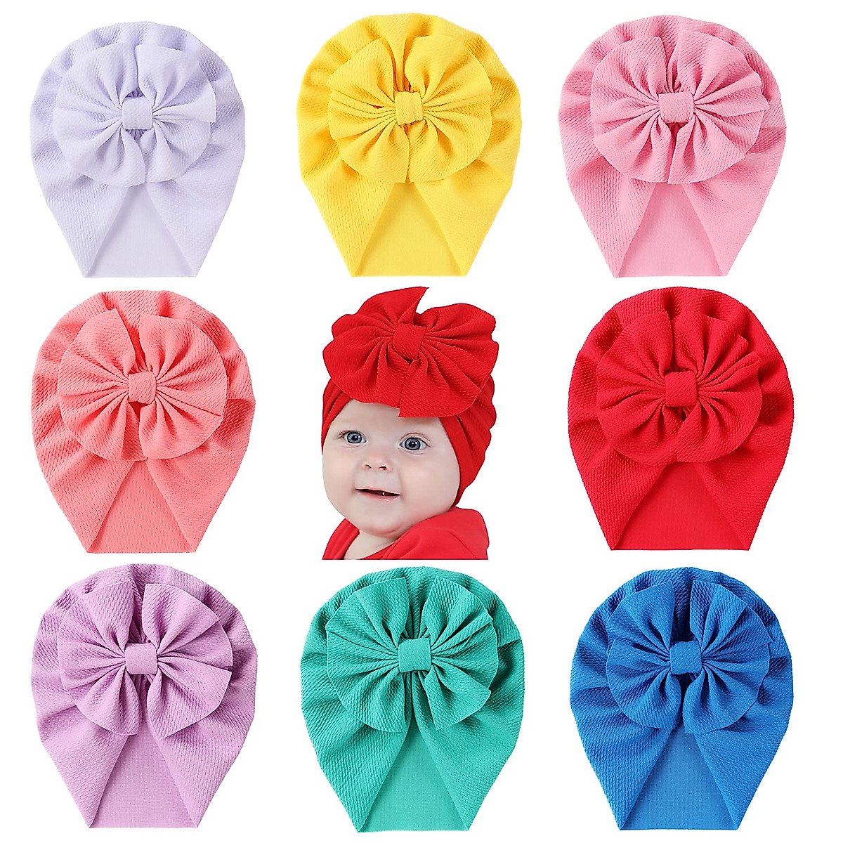 Cinaci 8 Pack Solid Knotted Bowknot Big Hair Bow Beanie Turban Hats Caps Wide Headwraps for Baby Girls Infants Toddlers Little Kids