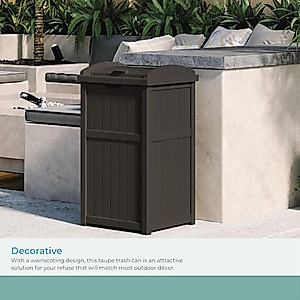 Suncast 33 Gallon Durable Plastic Hideaway Outdoor Garbage Can with Secure Lid and Wicker Design for Home Backyards, Decks, or Patios, Java Brown