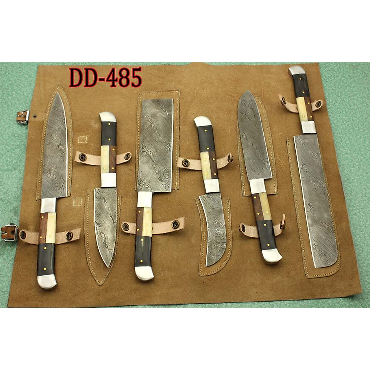 6 Pieces Damascus steel kitchen knife set, Custom made hand forged Damascus steel blade, Overall 65 inches Length of Damascus sharp knives, Cow hide suede Leather sheath00