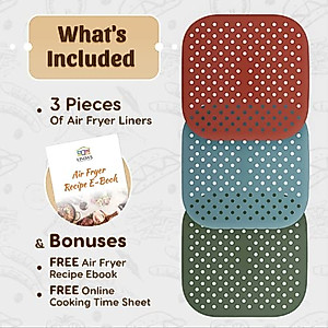 Reusable Silicone Air Fryer Liners by Linda’s Essentials (3 Pack) - Non Stick Easy Clean Air Fryer Liners Reusable Mats Air Fryer Accessories Includes Cheat Sheet And Recipe Book (Square (8.5 Inches))