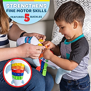 Buckle Toys - Bruce Shark Stuffed Animal - Montessori Learning Activity Travel Toy for Toddlers - Develop Motor Skills and Problem Solving