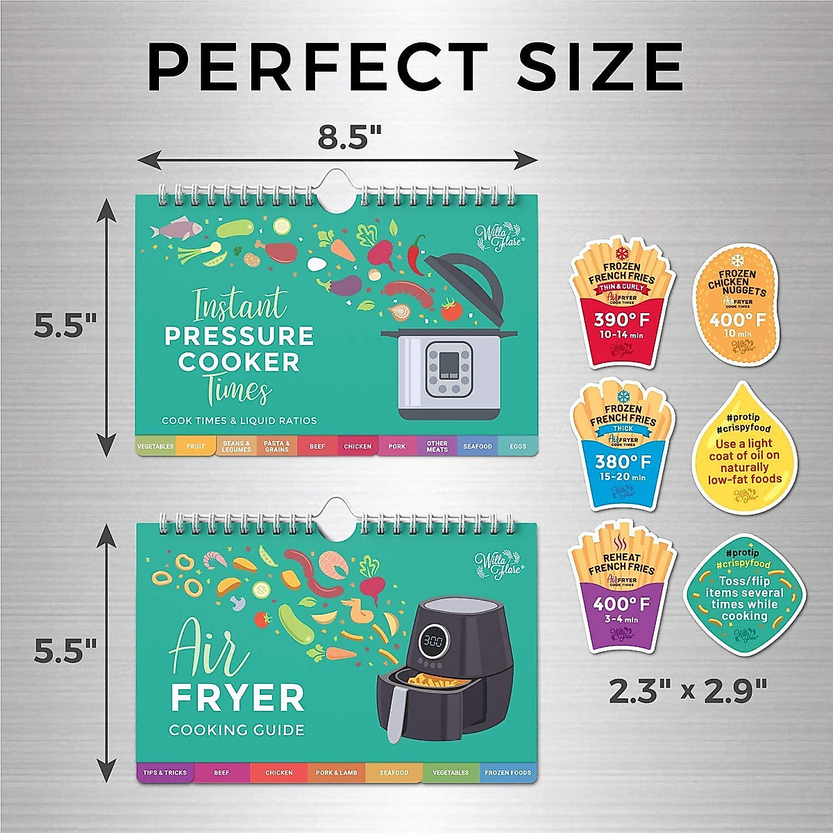 Willa Flare Air Fryer & Electric Pressure Magnetic Cooker Cheat Sheets - Perfect Temperature & Cooking Time Guide - Magnet Cookbook for Meat, Beef, Chicken, Pork, Vegetable Meals - Reusable Stickers