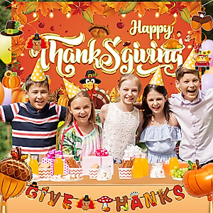 Trgowaul Happy Thanksgiving Day Decorations, 29pcs Orange thanksgiving Party Supplies, Give Thanks Banner Backdrop, Hanging Swirls&Paper Fan Flower Swirl Autumn Balloons, Fall Party Decorations Set