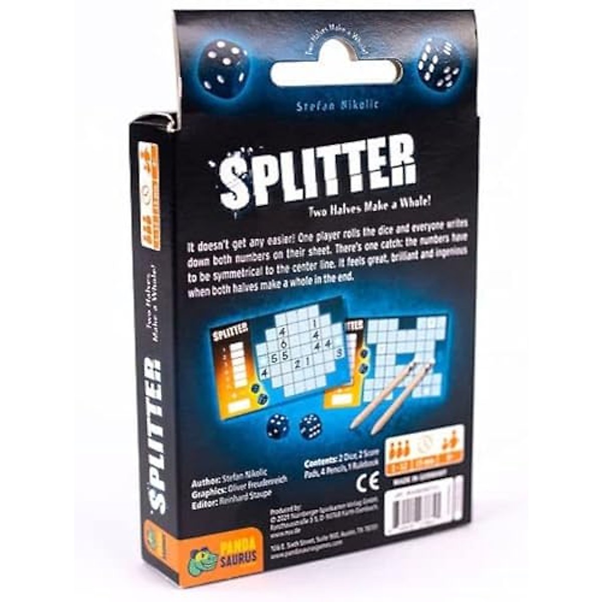 Splitter Dice Game - A Symmetrical Challenge of Numbers and Strategy, Roll-and-Write Puzzle Game, Family Game for Kids and Adults, Ages 8+, 1-12 Players, 15 Minute Playtime, Made by Pandasaurus Games