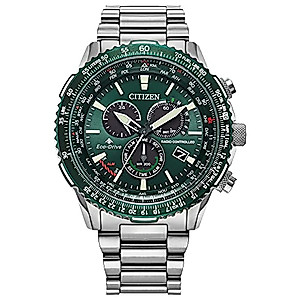 Citizen Men's Promaster Air Eco-Drive Pilot Chronograph Watch, Atomic Timekeeping Technology, 12/24 Hour Time, Power Reserve Indicator, Luminous Hands and Markers, Sapphire Crystal, Stainless/Green Dial