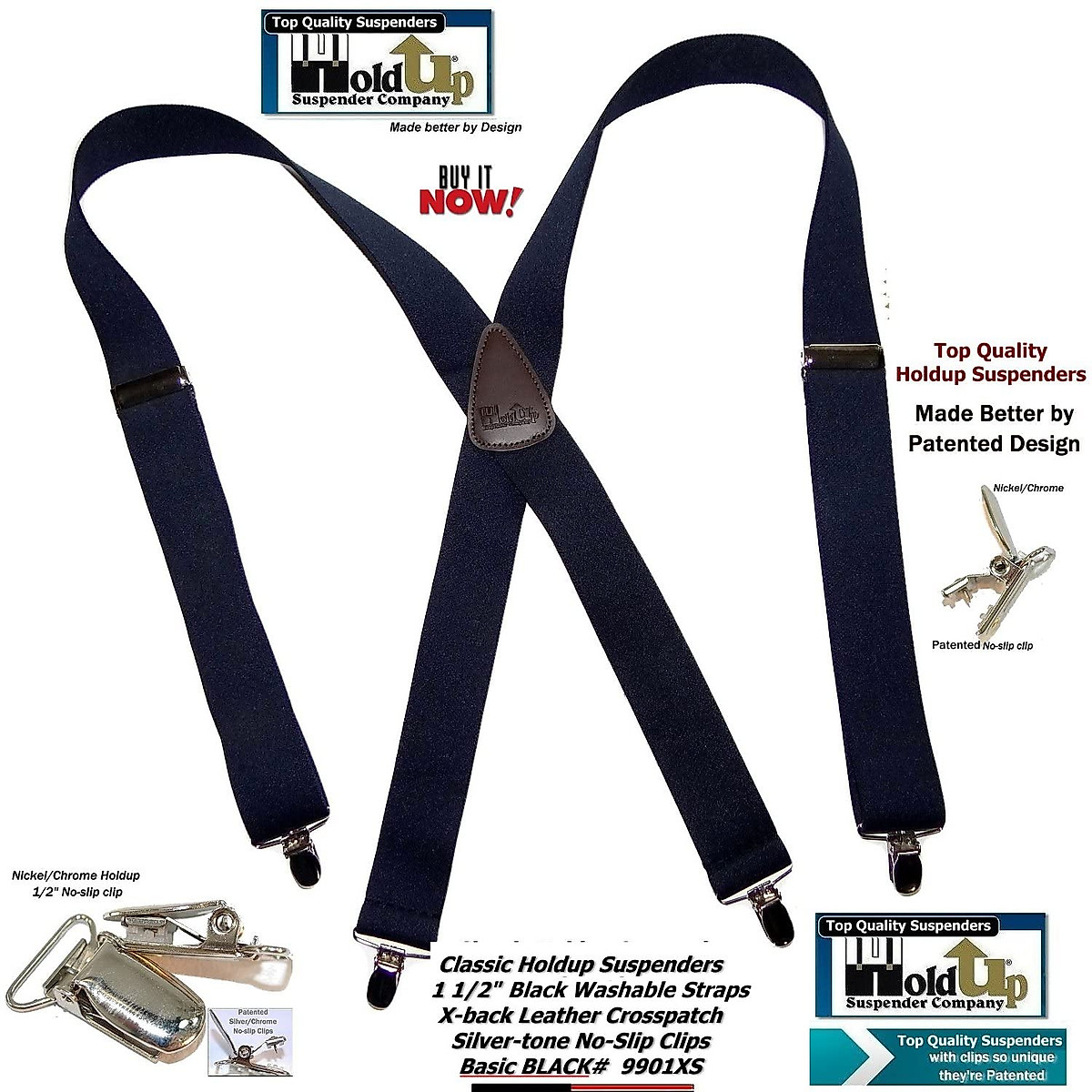 1 1/2" Wide Classic Series Holdups Suspenders for Men in X-back style w/USA Patented No-slip® Silver Clips (Black XS)