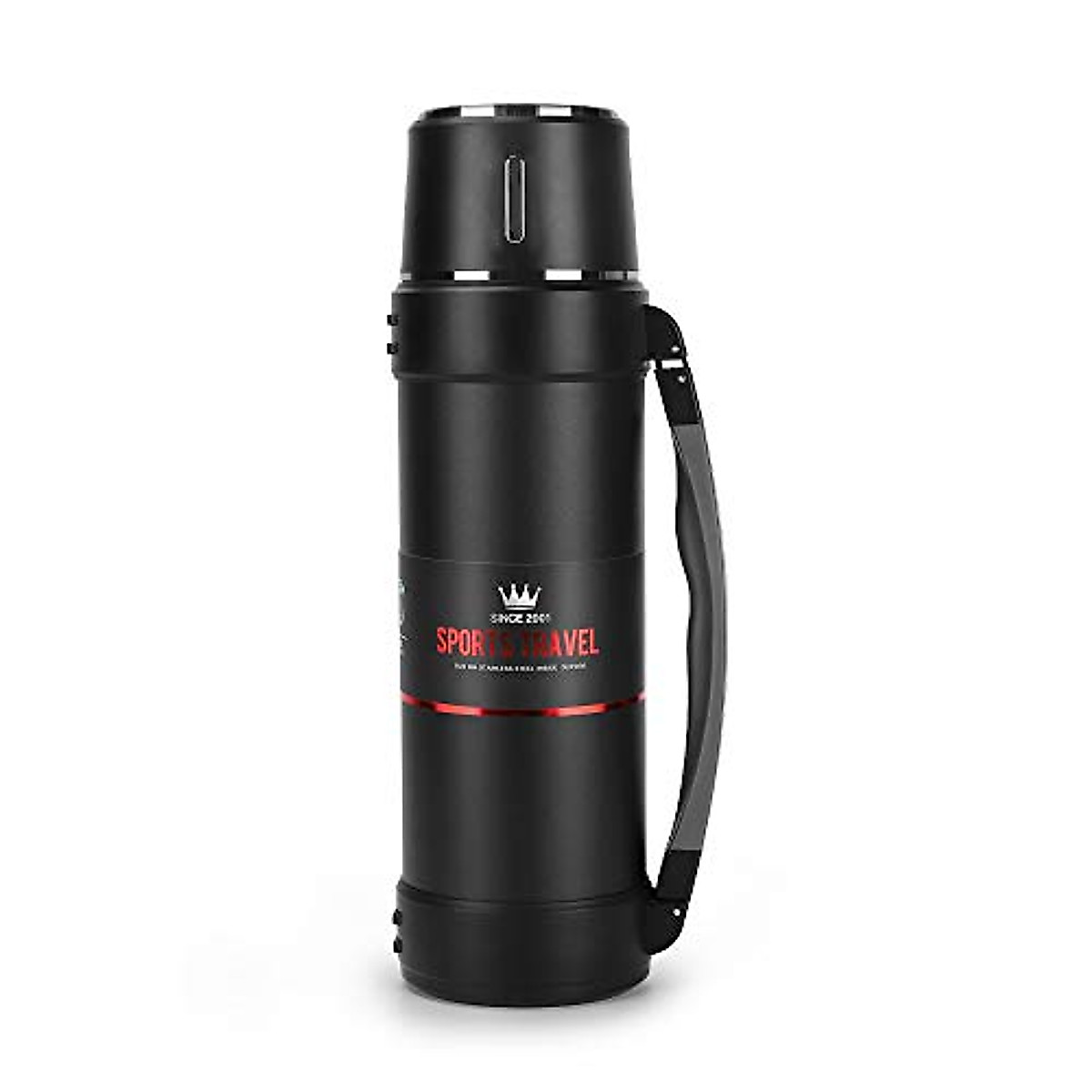 Stainless Steel Thermos with Cup – 61oz Double-Wall Vacuum Insulated Water Bottle for Travel – Camping Coffee Thermoses with Handle – Keeps Liquid Hot or Cold,Leak Resistant,Black