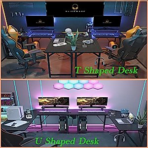 SZXKT Gaming Desk with Monitor Stand and Power Outlets,l Shaped Desk with Storage and LED Lights,Home Office Reversible Corner Computer Desk with Hooks (Black)