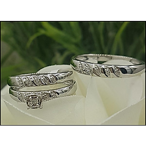 Dazzlingrock Collection Round White Diamond Illusion Set Wedding Trio Ring Set for Women & Men (0.05 ctw) in 10K White Gold, W-7 and M-10