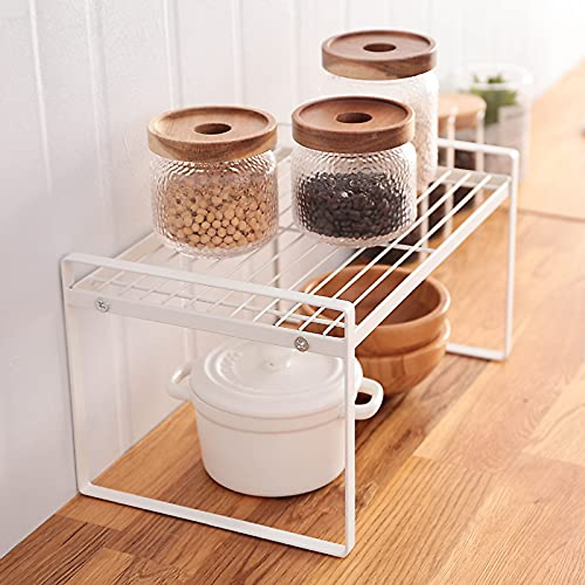 Kitchen Cabinet Storage Rack Bedroom Under Sink Countertop Metal Shelf with L Key White Iron,Space Saving Steel Frame Stackable Rust Resistant Non Slip White