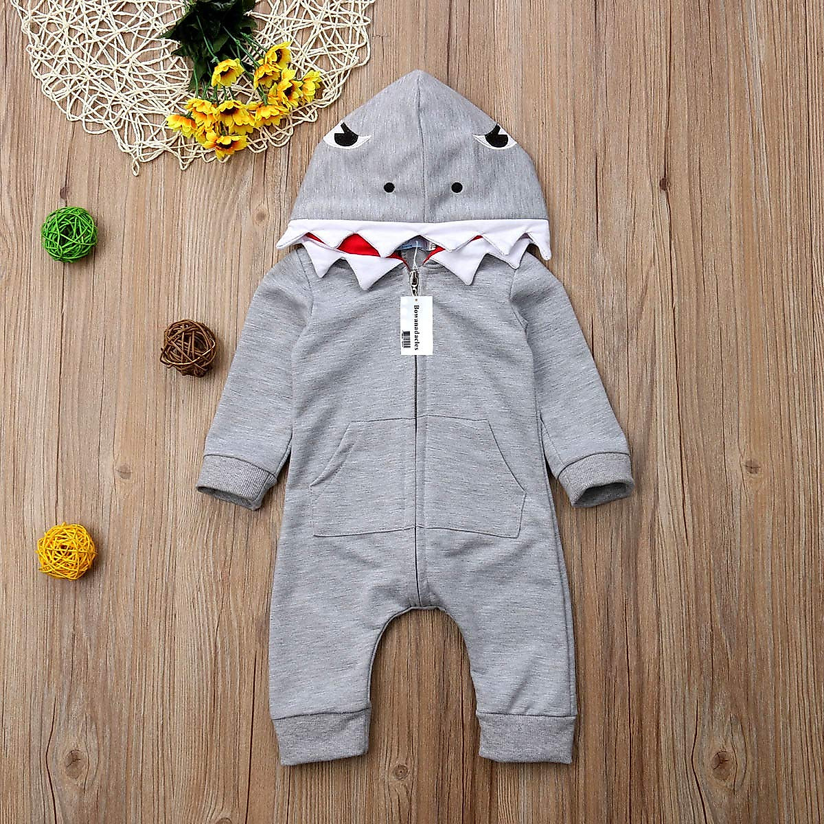 Bowanadacles Newborn Infant Baby boy Girl Cartoon Shark Long Sleeve Hooded Jumpsuit Bodysuit Romper Zipper Outfit