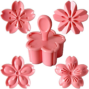 Goeielewe Pastry/Cookie/Fondant Stamper, 2-Inch Press Cookies Mold with 4 Stamps Pink Cherry Blossom Shape Flower Hand Pressure Pastry Tool Fondant Cutters Set for Baking