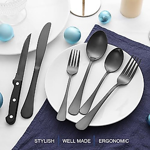 E-far 24-Piece Black Silverware Set with Steak Knives, Stainless Steel Flatware Cutlery Set for 4, Matte Black Metal Eating Utensils Sets Include Forks and Spoons Knife, Modern Design & Rust Proof