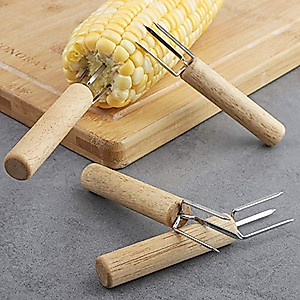 YellRin Corn Holders Set of 10 Stainless Steel Corn on The Cob Holders Fruit Forks with Wood Handle for Home Cooking and BBQ Twin Prong Sweetcorn Holders