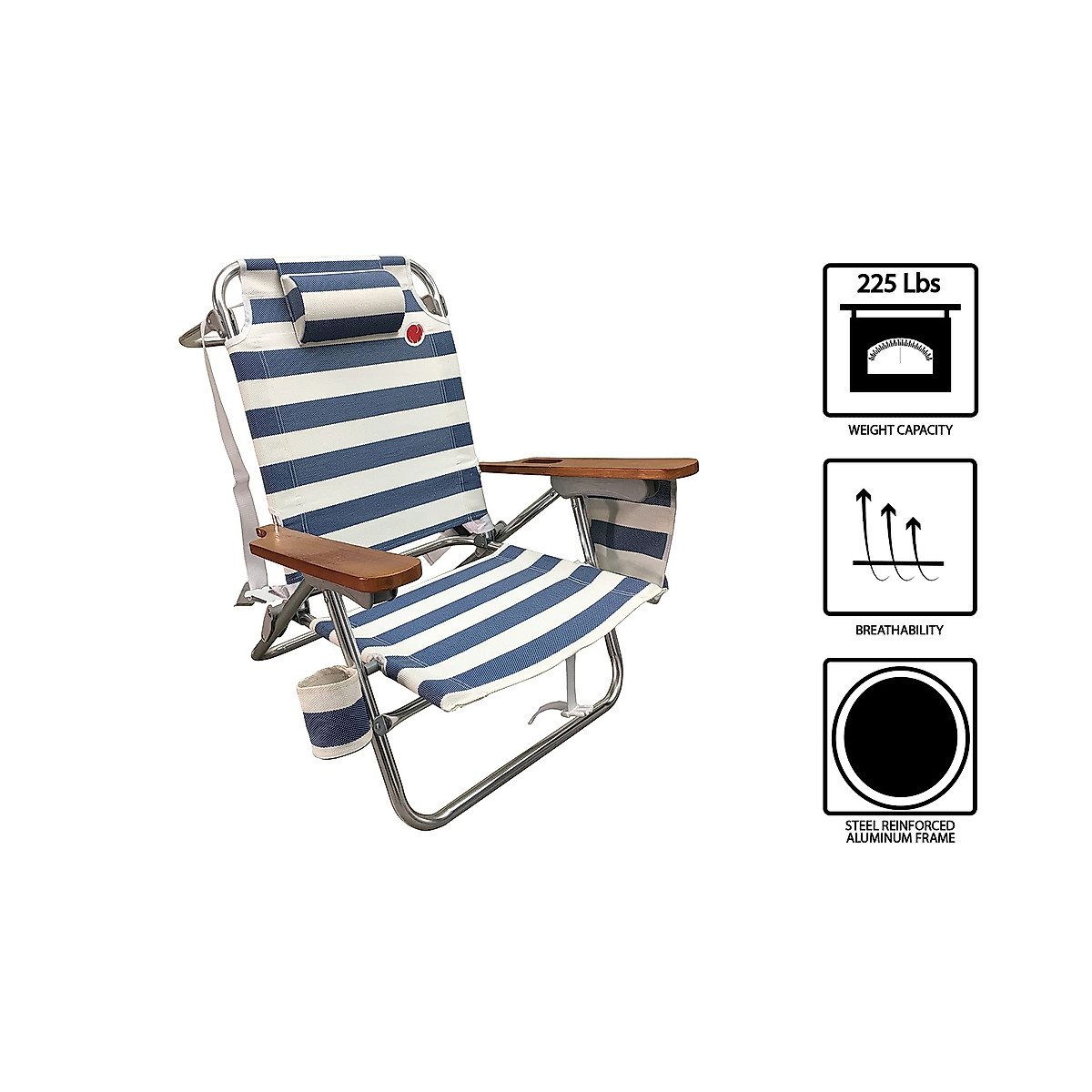 OmniCore Designs Multi-Position Wood Arm Beach Chair (2-pk) | Headrest, Media Organizer Pocket, Cup Holder, textilene Fabric, Dual Backpack Carry Straps | Outdoor Patio and Camping Chair