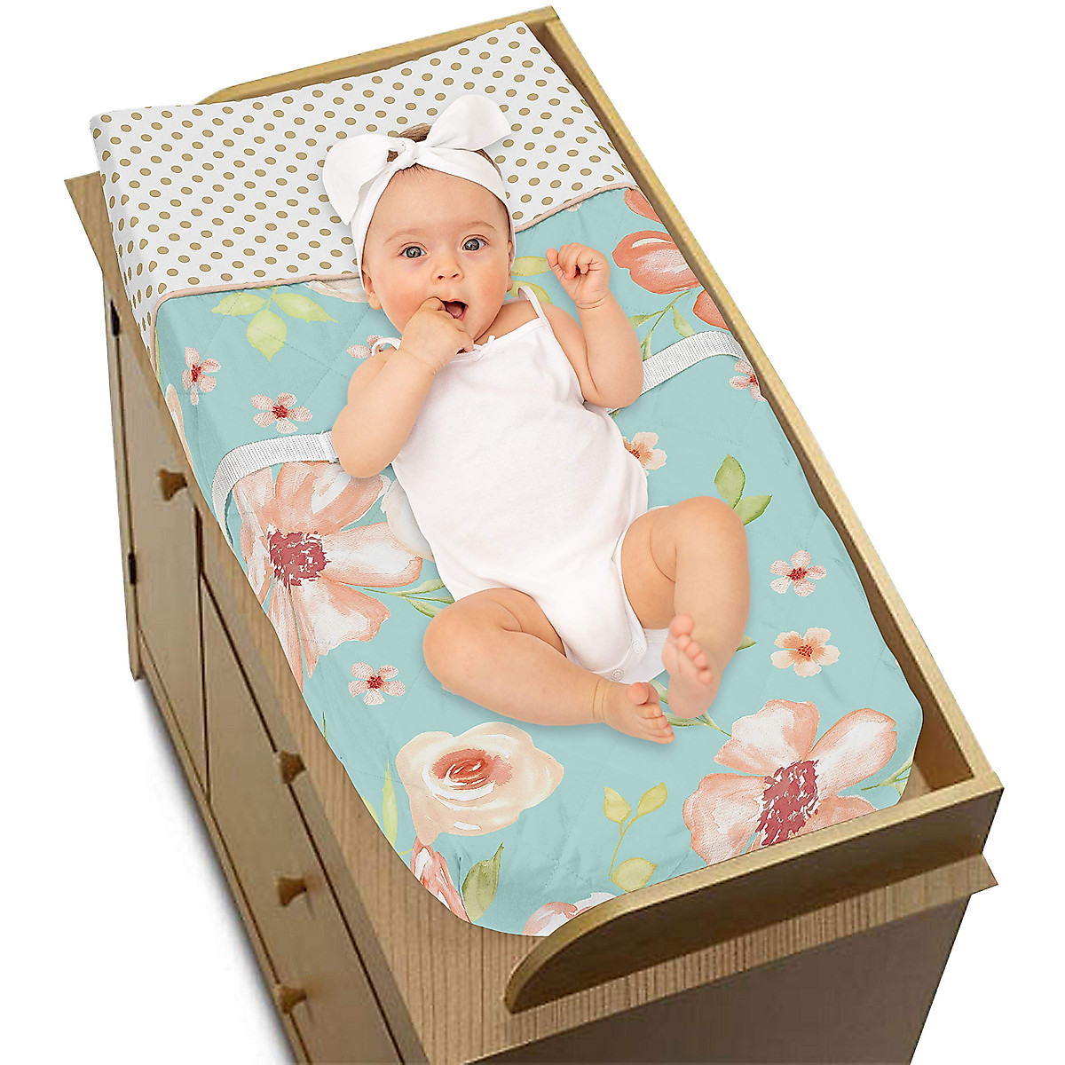 Sweet Jojo Designs Turquoise, Peach and Gold Changing Pad Cover for Watercolor Floral Collection - Pink Rose Flower