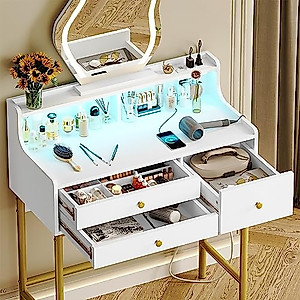 VIAGDO Makeup Vanity with Lights, Vanity Desk with 3-Color Touch Screen Lighted Mirror, White Vanity Table with Charging Station, Modern Makeup Desk with LED Lights, Adjustable Drawer Dividers