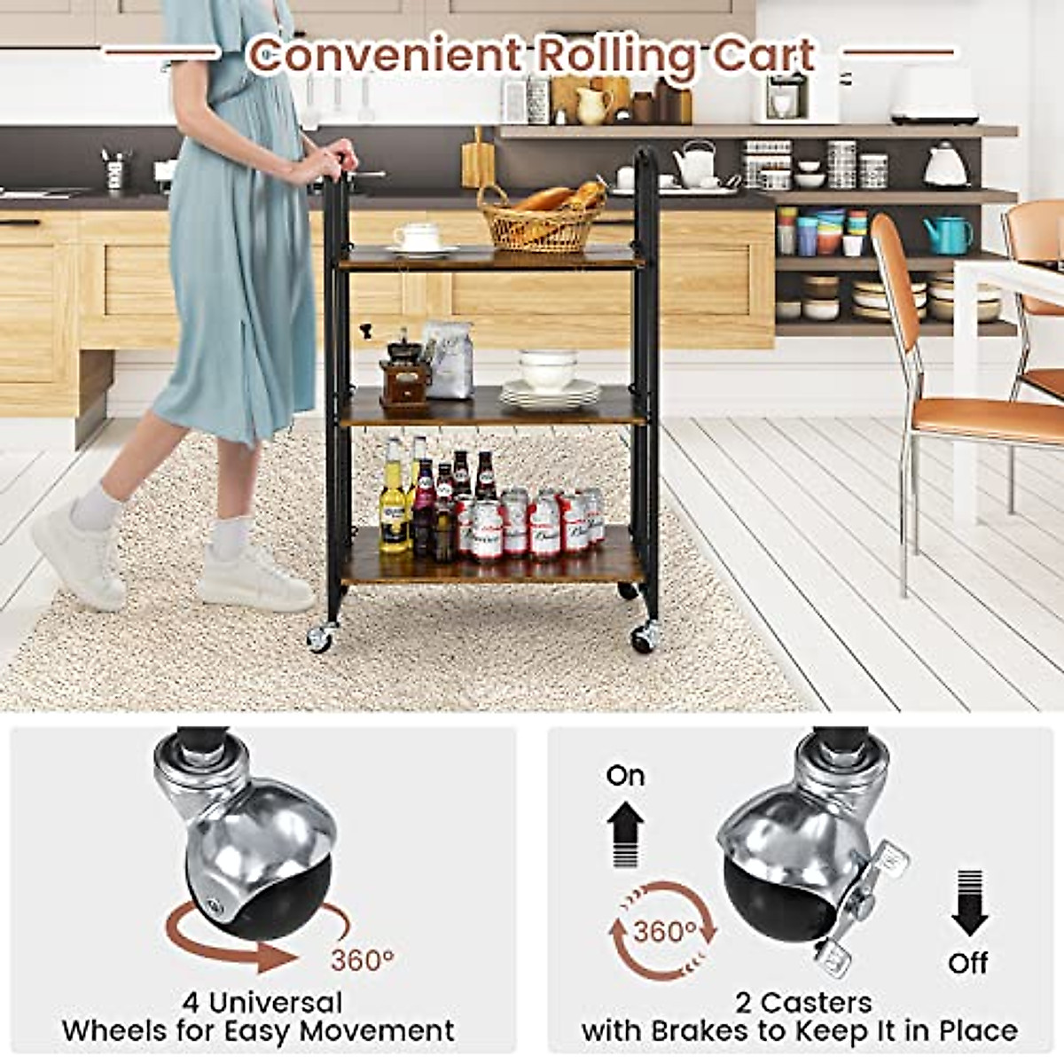 Giantex Foldable Storage Shelves with Wheels, No Assembly 3-Tier Rolling Cart, 2 of The Wheels Have Locks, Microwave Utility Cart Baker Rack, Portable Storage Rack w/Metal Frame, for Kitchen, RV