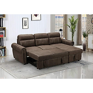 FULife Upholsterd Modular Sectional Sofa w/Reversible Chaise Lounge,Adjustable L Shape 3 Seaters Corner Futon Lounge Recliner Couch with Pull Out Sleeper Sofá Bed for Living Room/Compact Space