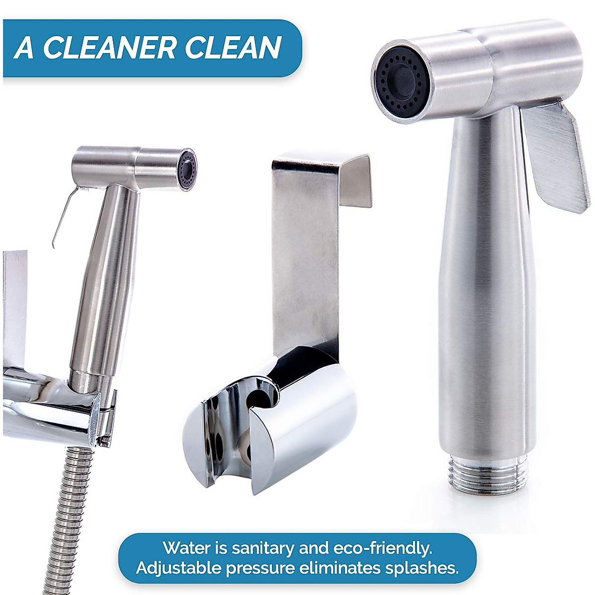 Bidet - Stainless Steel - Hand-Held Sprayer Attaches to Toilet - 59-Inch Hose Convenient for Additional Cleaning Activities - Three Pressure Levels - Toilet Hook Holder - Brushed Finish