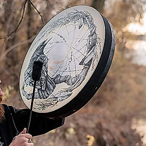 Firlar Shaman Drum, 10 Inch Crow Pattern Handmade Shaman Drum With Drum Stick, Spiritual Instrument, Exquisite Look, Siberian Drum Spirit Music Symbol, Sound Healer Shaman Drum white