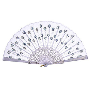 Xiaofeng214 Best Chinese Style Dance Wedding Party Lace Silk Folding Hand Held Flower Fan new330 (Color : White)