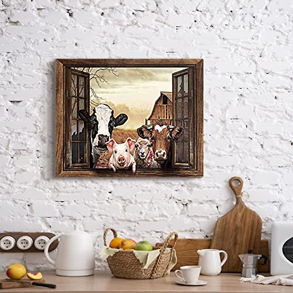 familypers Cow Wall Art Friends in The Window Landscape Cattle Prints Rustic Funny Animals Wall Decor Paintings Retro Home Decoration for Living Room Country Farmhouse 16x24 Inch