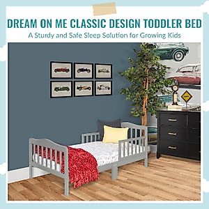 Dream On Me Classic Design Toddler Bed In Cool Grey, Greenguard Gold And JPMA Certified, Low To Floor Design, Two Side Safety rails, Non-Toxic Finishes, Wooden Nursery Furniture