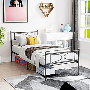 Bed for Boys/Teen Twin Bed Frames No Box Spring Need Twin Beds Mattress Foundation with Headboard Single Metal Platform Bed Frame,Black
