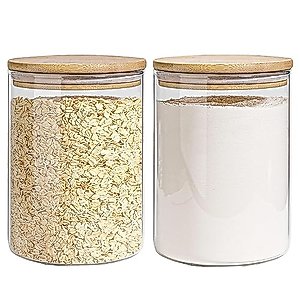EQEY Glass Storage Jars Set Elegant Containers with Airtight Bamboo Lids, Perfect for Kitchen Organization - Flour, Rice, Pasta, Sugar, Coffee Beans, Accessories Included (2 packs(111oz))