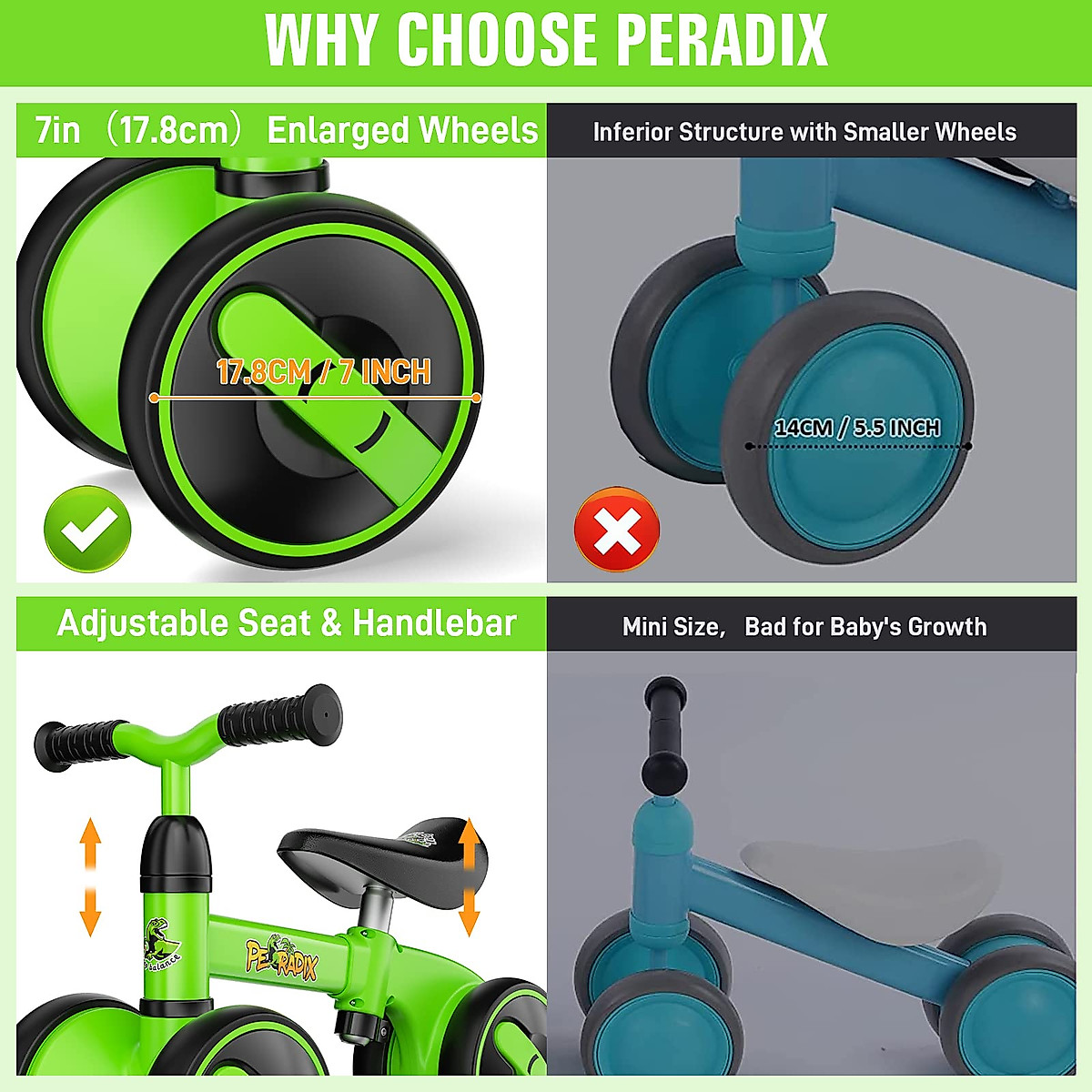 Peradix Baby Balance Bike for 1 2 Year Old, Toddler Bike 10-36 Months Riding Toys with Adjustable Seat and Handlebar, Train Baby from Standing to Running, 1st Birthday Gifts for Boys Girls(Green)