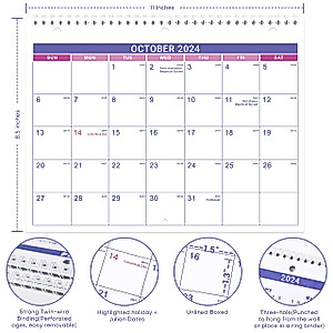 2024 Calendar - 2024 Wall Calendar, JAN. 2024 - DEC. 2024, 11" x 8.5", 12 Monthly Calendar 2024 with Twin-Wire Binding + Hanging Hook + Unuled Blocks with Julian Dates - Purple