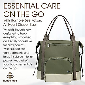 Humble Bee Kokoro All Heart Convertible Diaper Bag for Men & Women: Converts from Backpack to Tote, Spacious Compartments, Multiple Pockets, Removable Accessories & Stroller Strap Design (Olive Dusk)