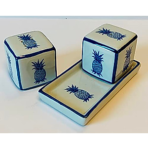 Pineapples Salt and Pepper Shakers with Tray Porcelain Blue and White