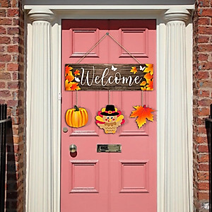 Thanksgiving Door Sign,Thanksgiving Turkey Hanger for Front Door,Fall Turkey Pumpkin Welcome Hanging Decorations, Thanksgiving Day Autumn Wooden Wreath Wood Plaque for Fall Harvest Party Decor