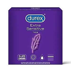 Durex Condom Extra Sensitive Natural Latex Condoms, 24 Count - Ultra Fine & Extra Lubricated, Regular Fit, FSA HSA Eligible