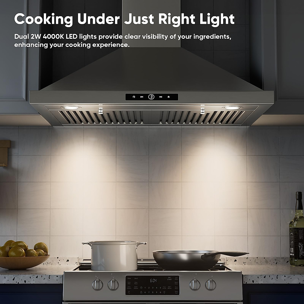 VIKIO HOME Wall Mount Range Hood 30 inch, 580 CFM, Ducted/Ductless Convertible, Stainless Steel Kitchen Vent Hood with 3-Speed Fan and LED Lights