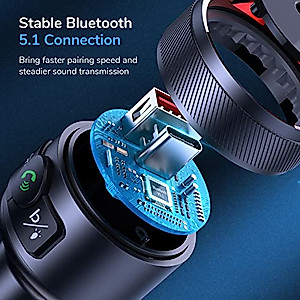 Syncwire Bluetooth 5.1 FM Transmitter for Car, 38W PD&QC3.0 Fast Charger Wireless Radio Adapter Bass Sound Music Player Car Kit with Hands-Free Calling Support USB Drive