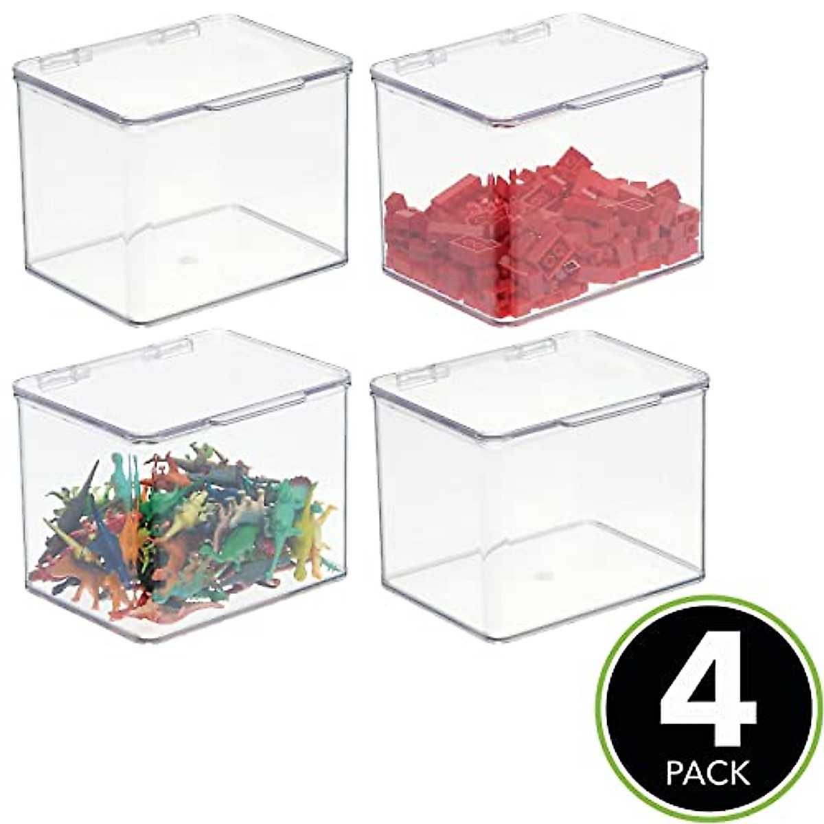 mDesign Plastic Playroom and Gaming Storage Organizer Box Containers with Hinged Lid for Shelves or Cubbies, Holds Small Toys, Blocks, Puzzles, Markers, Controllers, Lumiere Collection, 4 Pack, Clear
