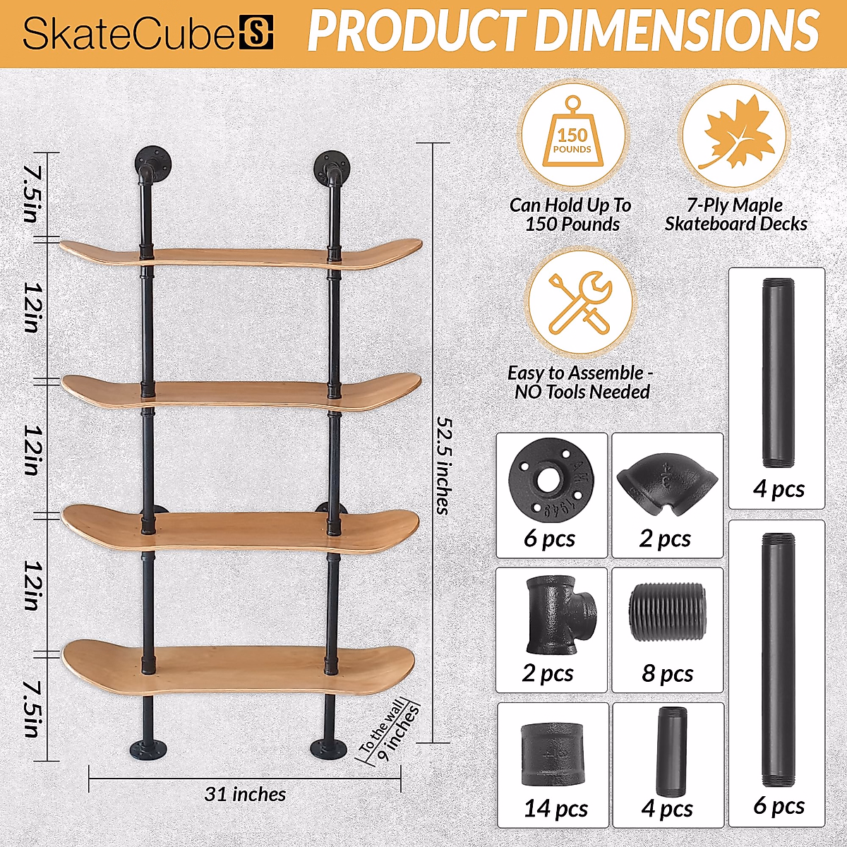 Industrial Shelves - 4 Tier Industrial Decor Pipe Bookcase Using 7 Ply Skateboard Decks - Natural Wood Stain Finish - Perfect Bathroom Wall Decor, Book Shelf for Skateboard Enthusiasts