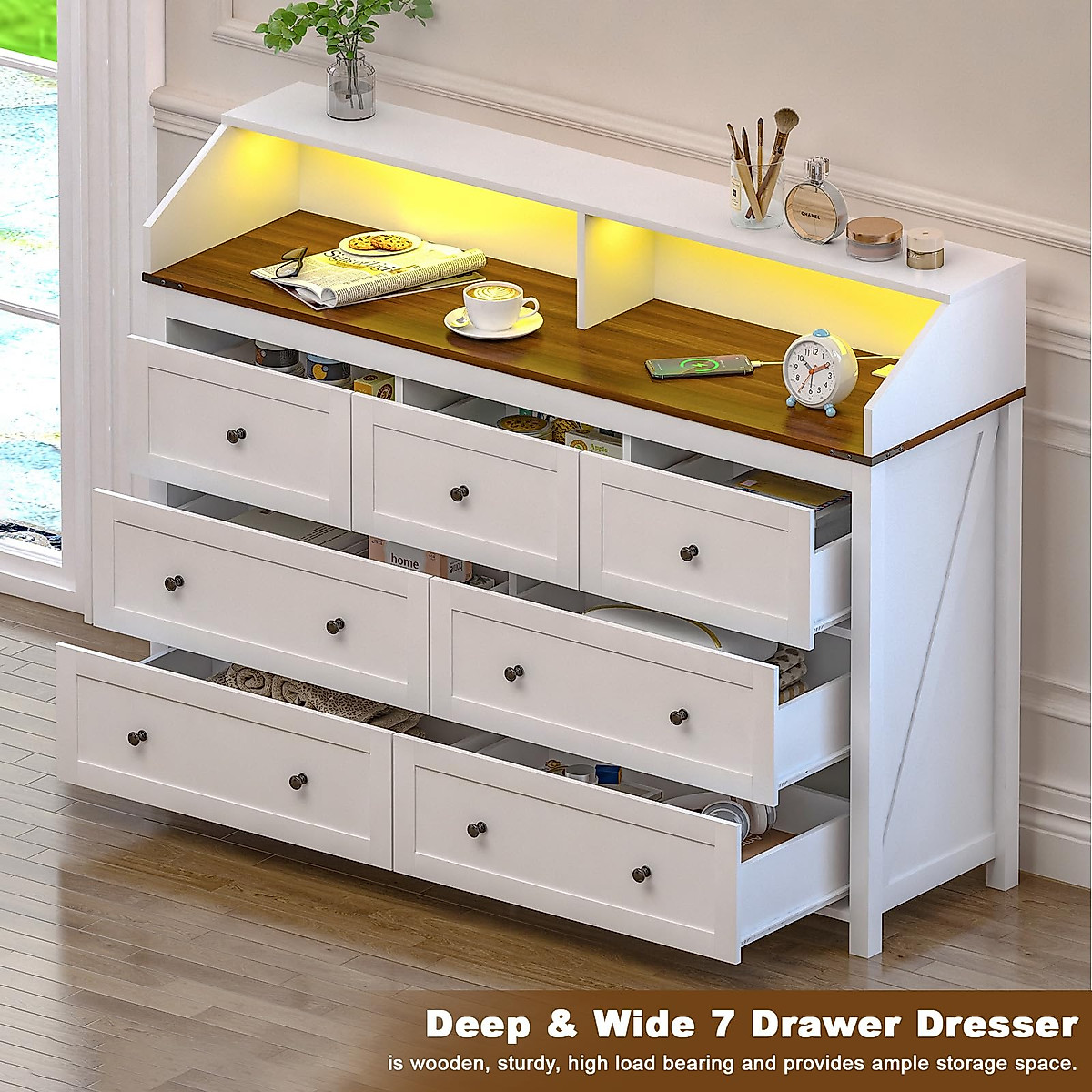 GlouMod LED Dresser with Charging Station, 7 Drawer Dresser for Bedroom, Chest of Drawers with RGB Lights, Wood Dresser with Deep Drawers for Bedroom, Hallway, White Dresser